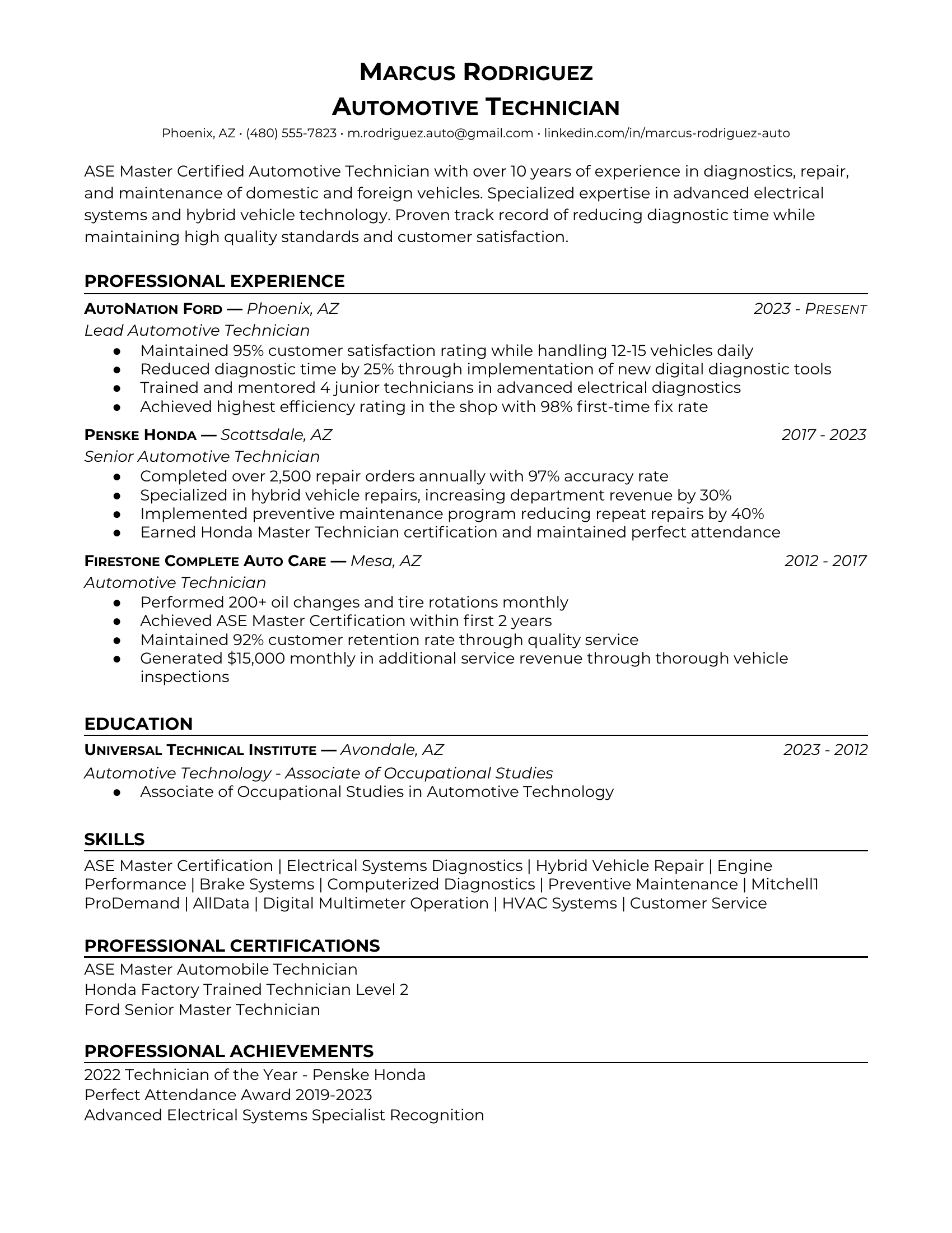Automotive Technician in Automotive Resume Examples & Tips for 2025 | Careerday